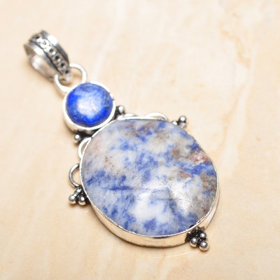 Handmade Blue Sodalite Jasper Gemstone 925 Sterling Silver 2.5" Pendant ...