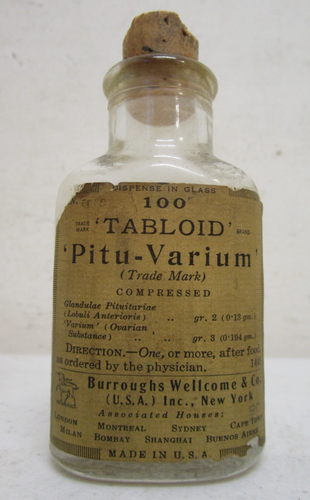 ANTIQUE BURROUGHS WELLCOME & CO. TABLOID PITU-VARIUM GLASS BOTTLE DRUG ...