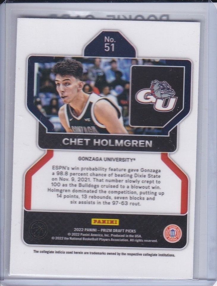 CHET HOLMGREN ROOKIE CARD 2022 Draft Pick PRIZM Basketball GOZAGA OKC ...