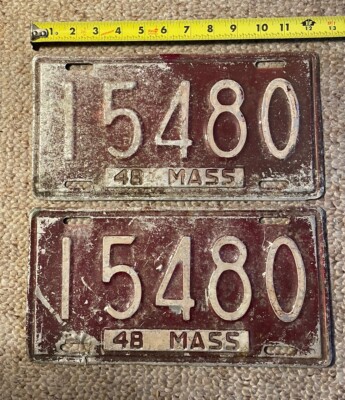 1948 Massachusetts Automobile White/Maroon License Plate Pair 15480 ...