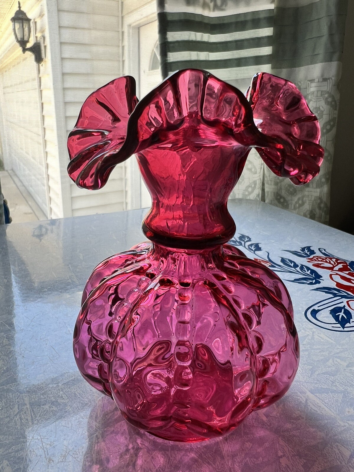 Vintage Fenton Cranberry Glass Beaded Melon Vase Crimped Ruffled Rim 6. ...