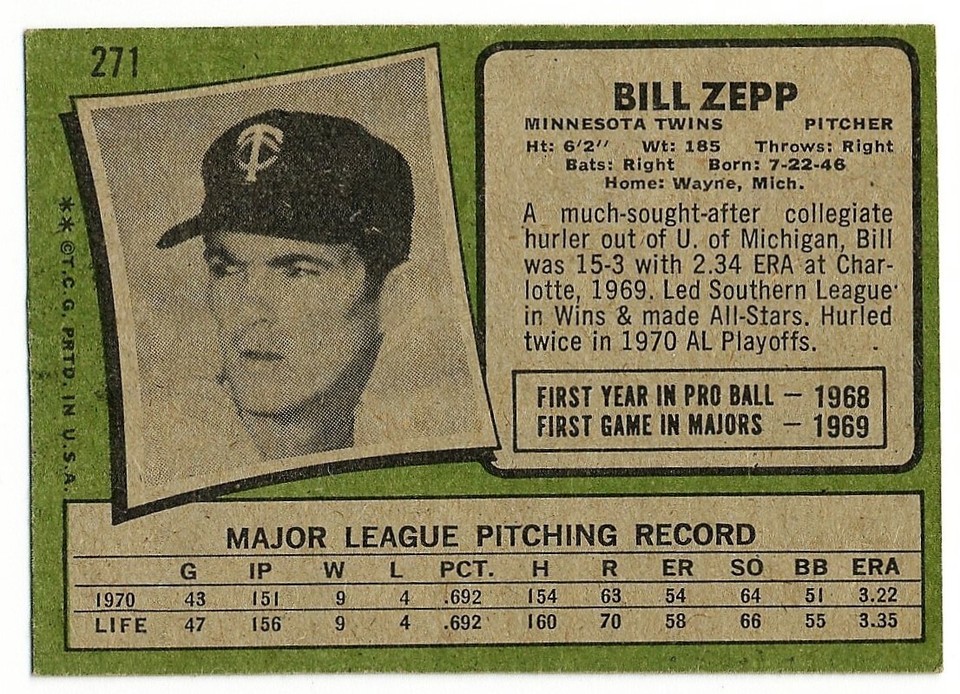 1971 TOPPS MINNESOTA TWINS BILL ZEPP #271 EXMT | eBay