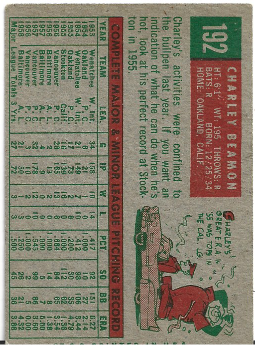 1959 Topps Charlie Beamon #192 Baltimore Orioles Ex | eBay