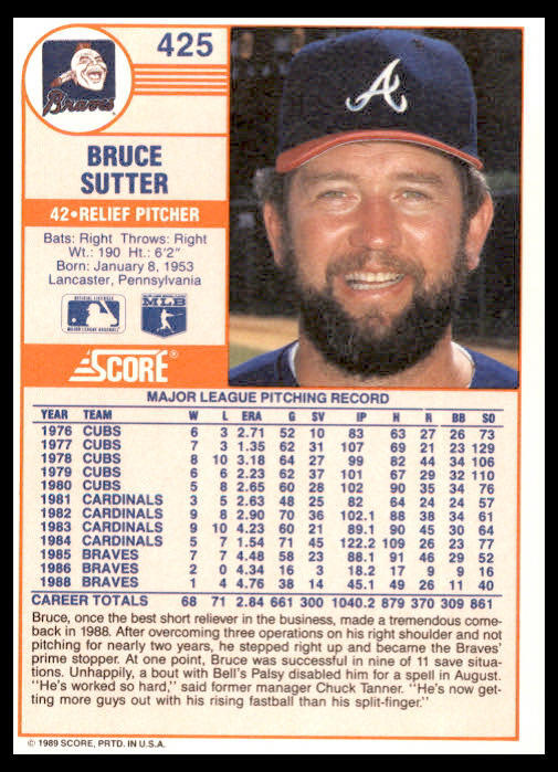 1989 Score #425 Bruce Sutter Atlanta Braves | eBay