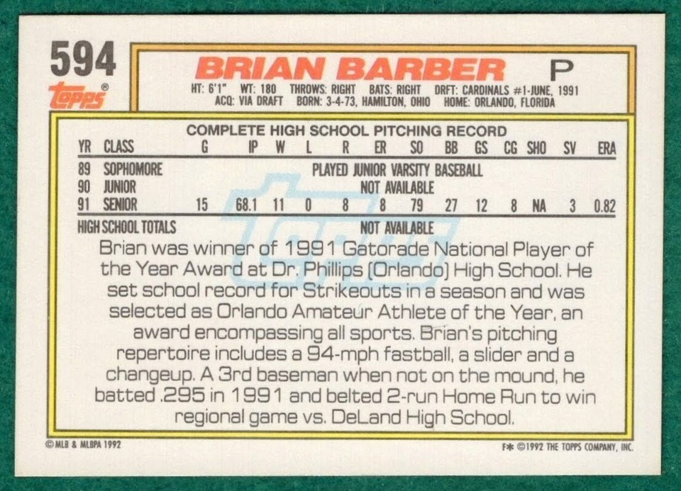 Brian Barber - 1992 Topps #594 - St. Louis Cardinals Baseball Card ...