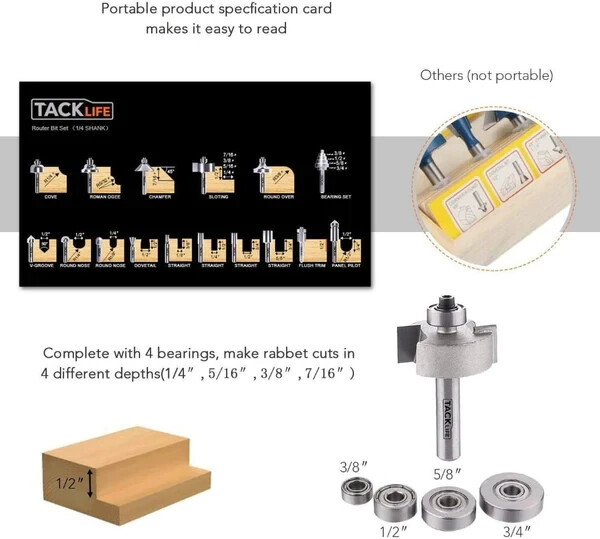 19Pcs Router Bits, Tacklife 15Pcs Professional Router Bit Set with 4Pcs ...