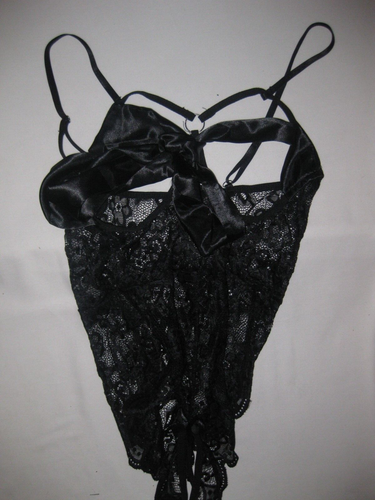 Sheer lace open cup w/self tie bow crotchless bodysuit teddy S black ...
