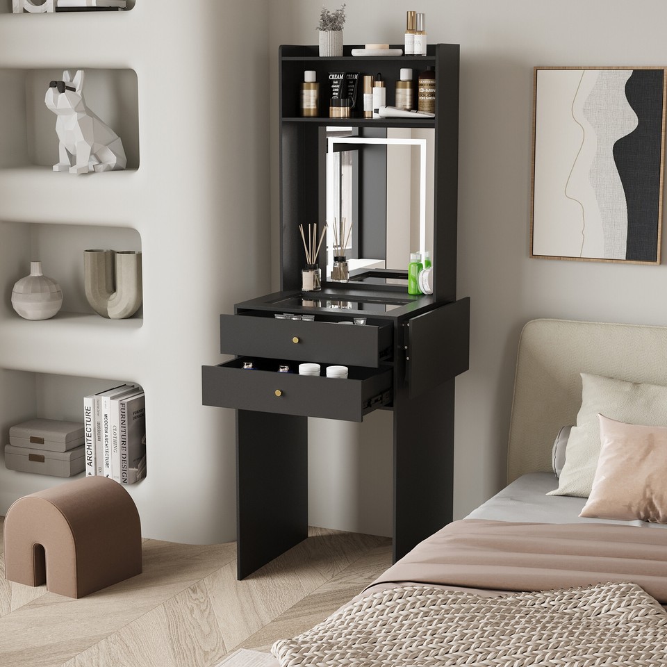 Small Dressing Table with Foldable Side Panel LED Light Mirror Shelves ...