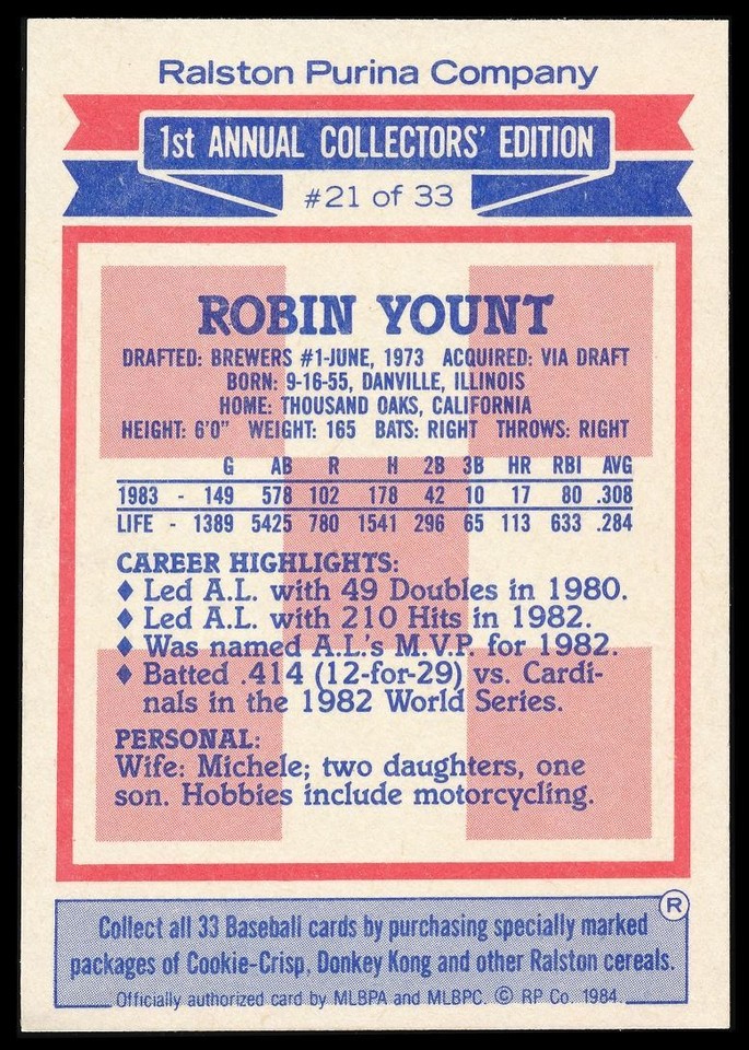 1984 Topps Ralston-Purina #21 Robin Yount, Milwaukee Brewers, HOF. | eBay