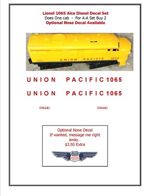 Lionel U.P. 1065 Repro Alco Diesel "A" Unit Red "Water Slide Decal Kit ...