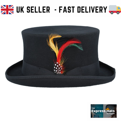 Hawkins Quality Black Wool Felt stiff Top Hat, Satin lined 6 SIZES fast ...