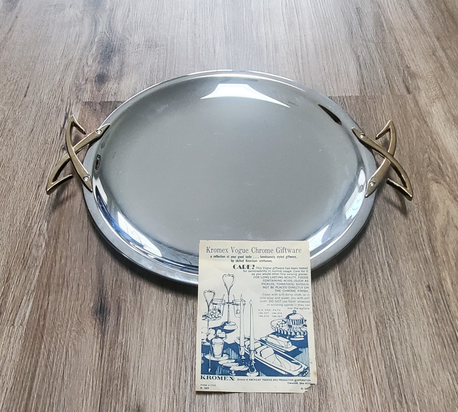 KROMEX Vogue Chrome Round Serving Platter with Gold Handles Mid Century ...