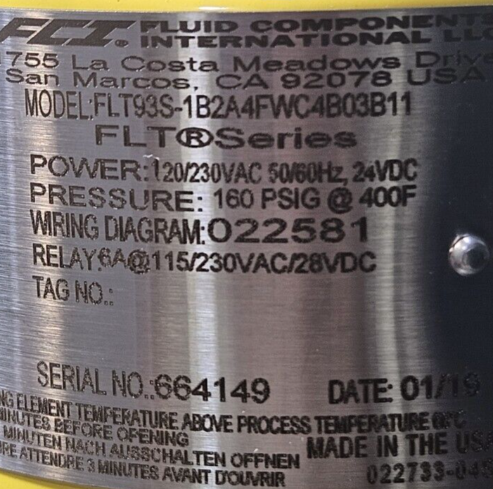 FCI FLT3S-1B2A4FWC4B03B11 Fluid Components Flow Switch Loc6D9 | eBay