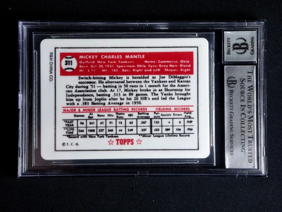 MICKEY MANTLE BECKETT SIGNED 1952 TOPPS ROOKIE PORCELAIN CARD #311 ...