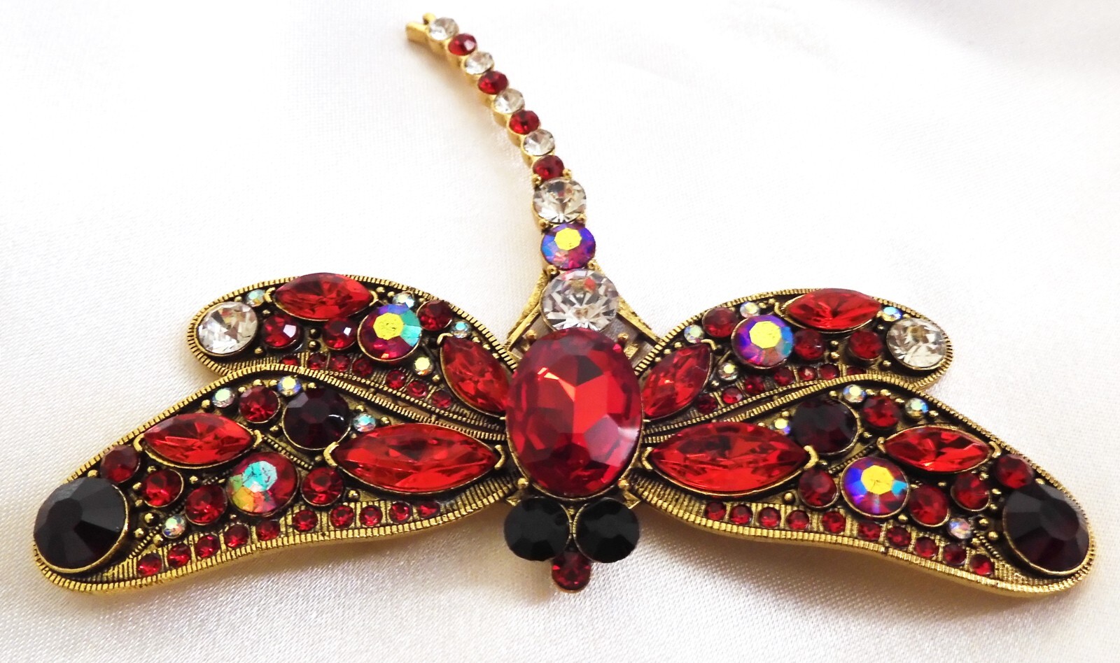 HUGE RED CRYSTAL DRAGONFLY BROOCH GOLD RED HATTERS | eBay Australia