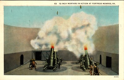 12 Inch Mortars Guns in Action Fortress Monroe Virginia 1938 linen ...