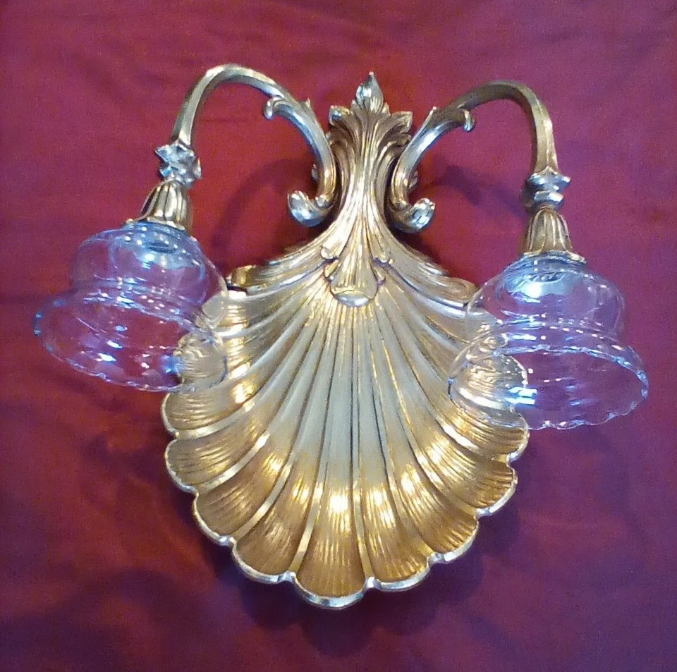VINTAGE SCONCE GOLD CLAM SHELL GLASS VOTIVE HOLLYWOOD REGENCY WALL ...