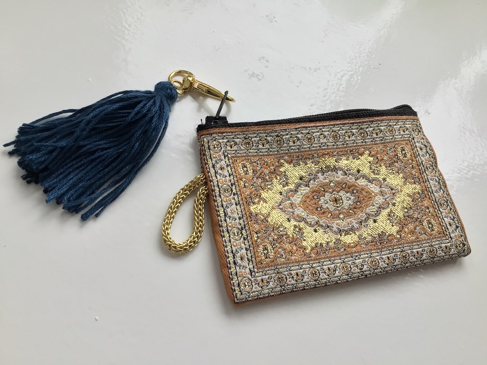 Beige-Gold Coin Bag w Tassel, Card Case, Kilim Pattern Zippered Storage ...