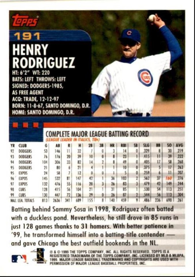2000 Topps Baseball Card Henry Rodriguez Chicago Cubs #191 | eBay