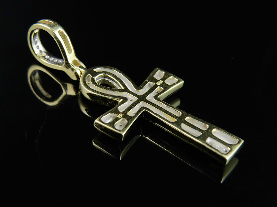 Unisex 10K Yellow Gold Micro Pave Real Diamond Ankh Cross Pendant Charm ...