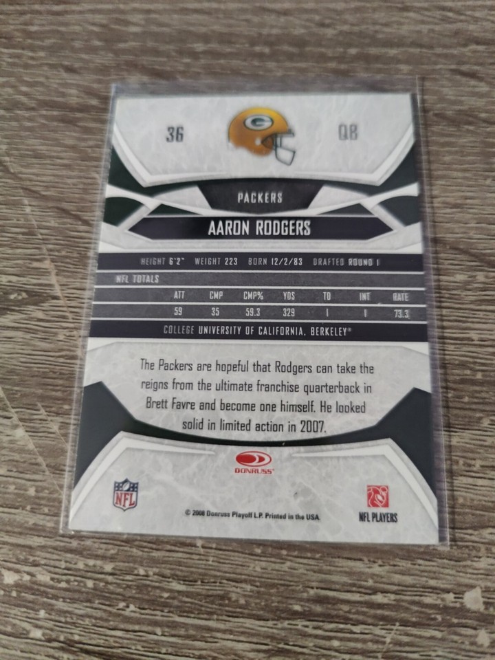 AARON RODGERS 2008 PLAYOFF DONRUSS GRIDIRON GEAR #36 PACKERS U CAL ...