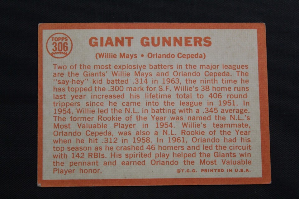 1964 Topps - WILLIE MAYS, ORLANDO CEPEDA - Giants Gunners Card #306 ...