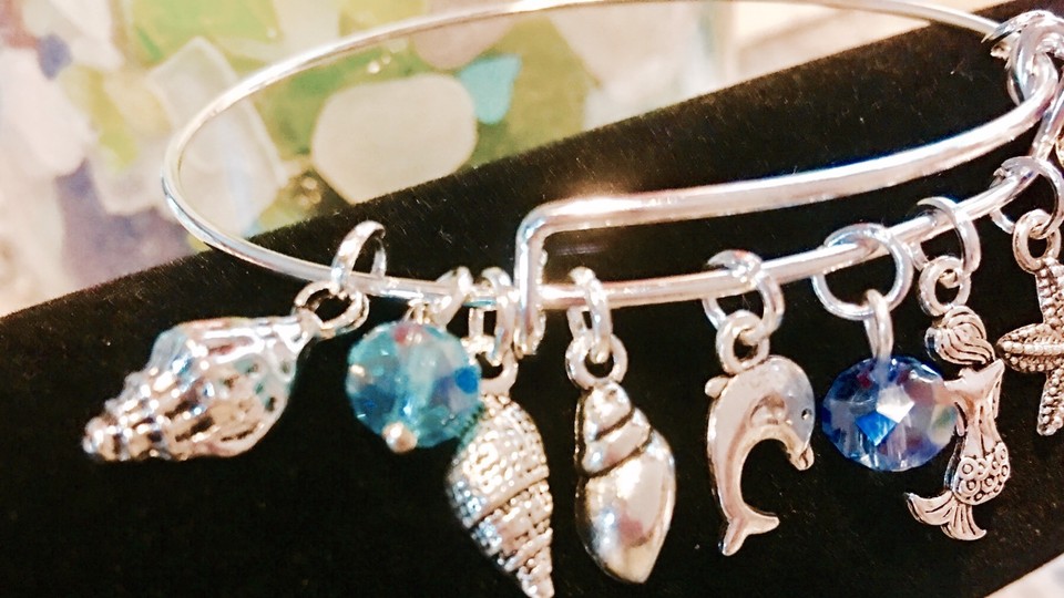 Mini sea shells, Mermaid & Dolphin Silver charm Expandable Bangle ...