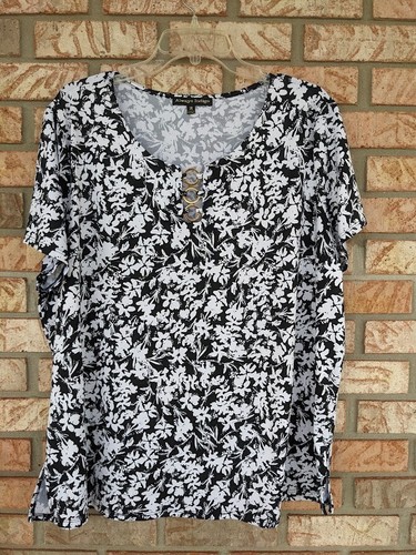 Always Indigo-Woman Plus Top-Size 2X-Black/White Floral-Stretch-Neck ...