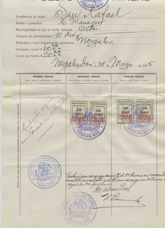 1915 Mexico Mining Tax Document San Rafael Gold Mine Sonora Revenue ...