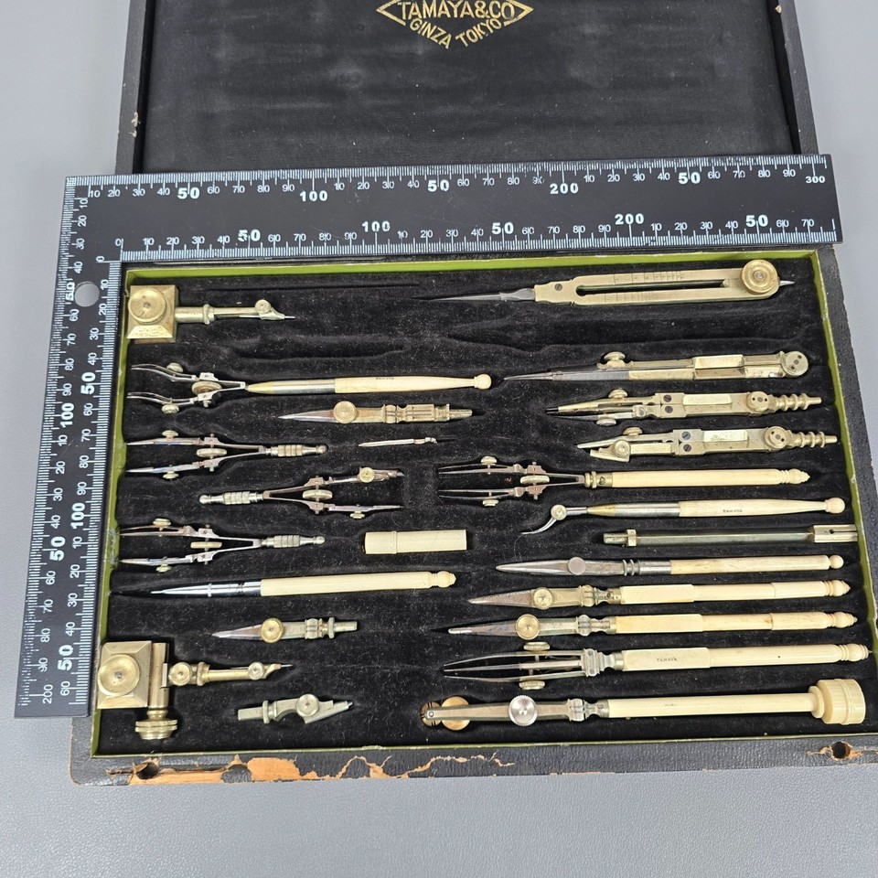 Antique Tamaya & Co. Drafting Set Measurement Tool Kit W/ Wooden Case ...