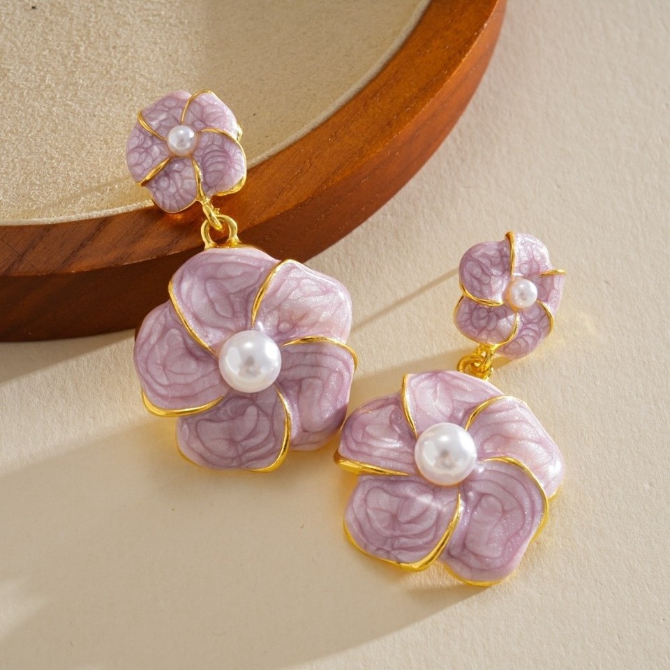Purple Floral Dangle Earrings Drip Oil Ear Jewelry Party | eBay Australia