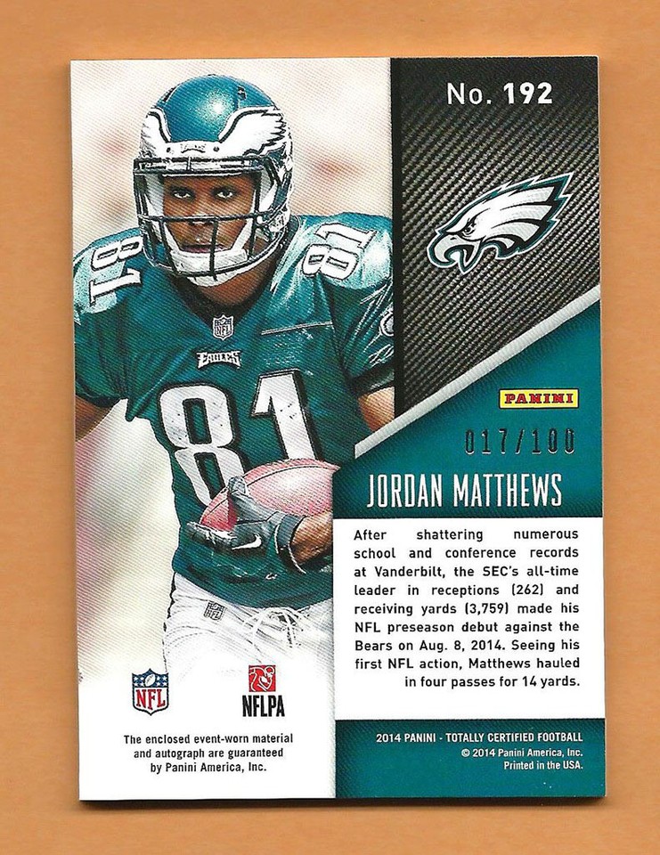 JORDAN MATTHEWS Eagles 2014 Totally Certified #192 RC AUTOGRAPH JERSEY ...