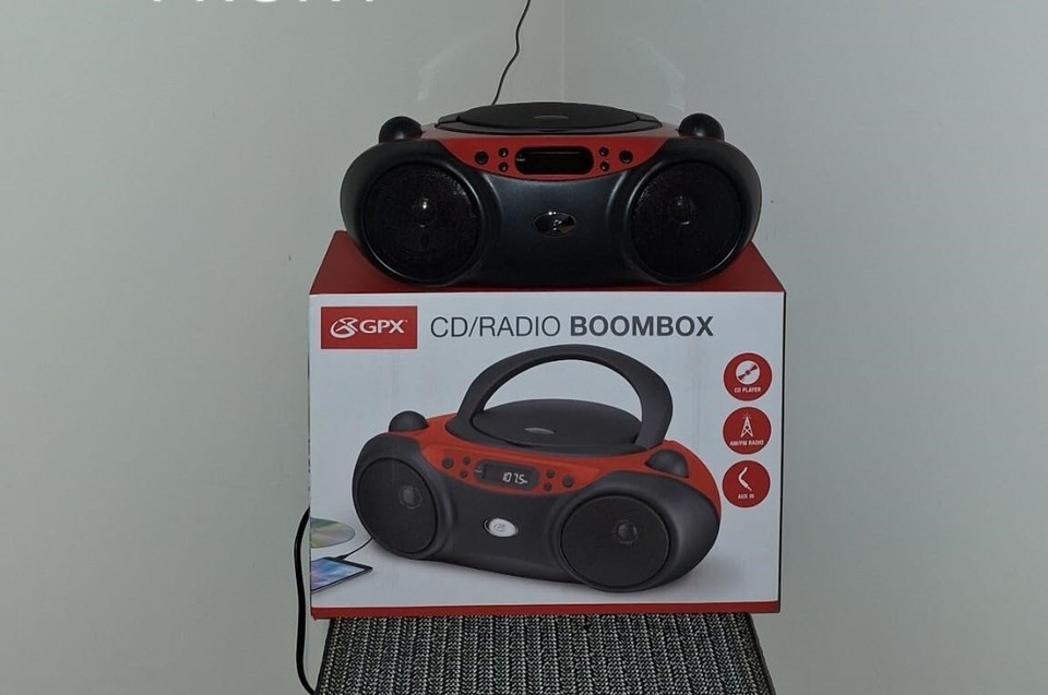 GPX BC232R Black/Red LCD Boom Box Auxiliary Built-In AM/FM/CD Player, 3 ...