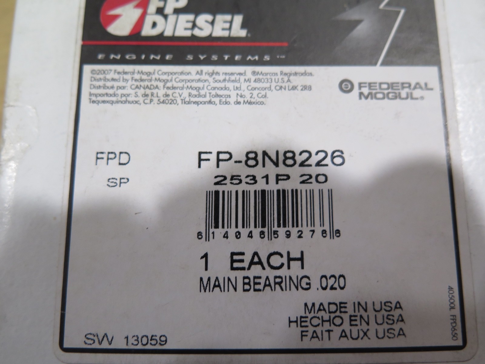 FP Diesel 8N8226 Main Bearing .020 Fits Caterpillar FP-8N8226 (3C2-2 ...