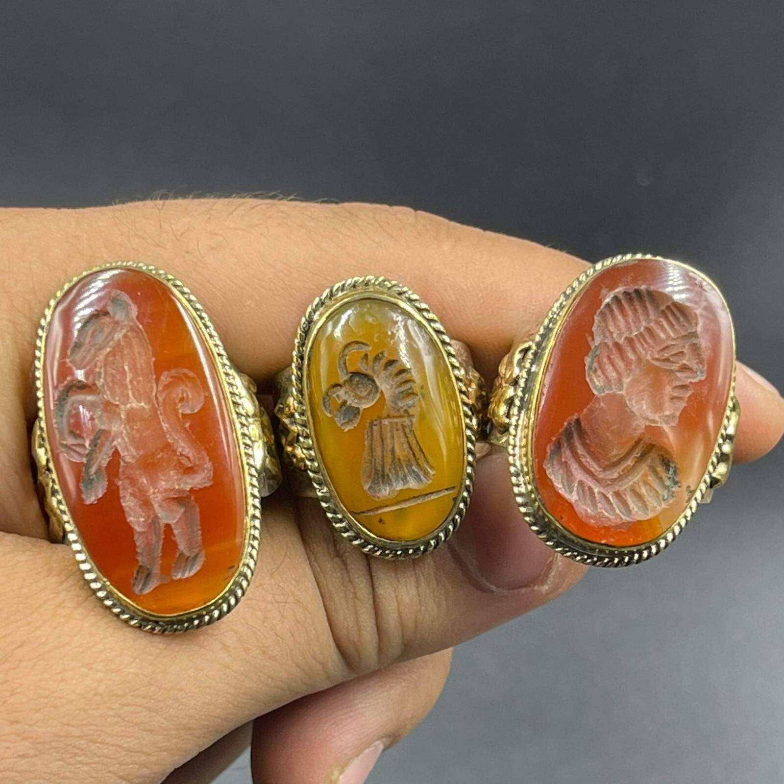 Sale 3 PCS Ancient Roman Old Natural Agate Intaglio Solid Silver Seal ...