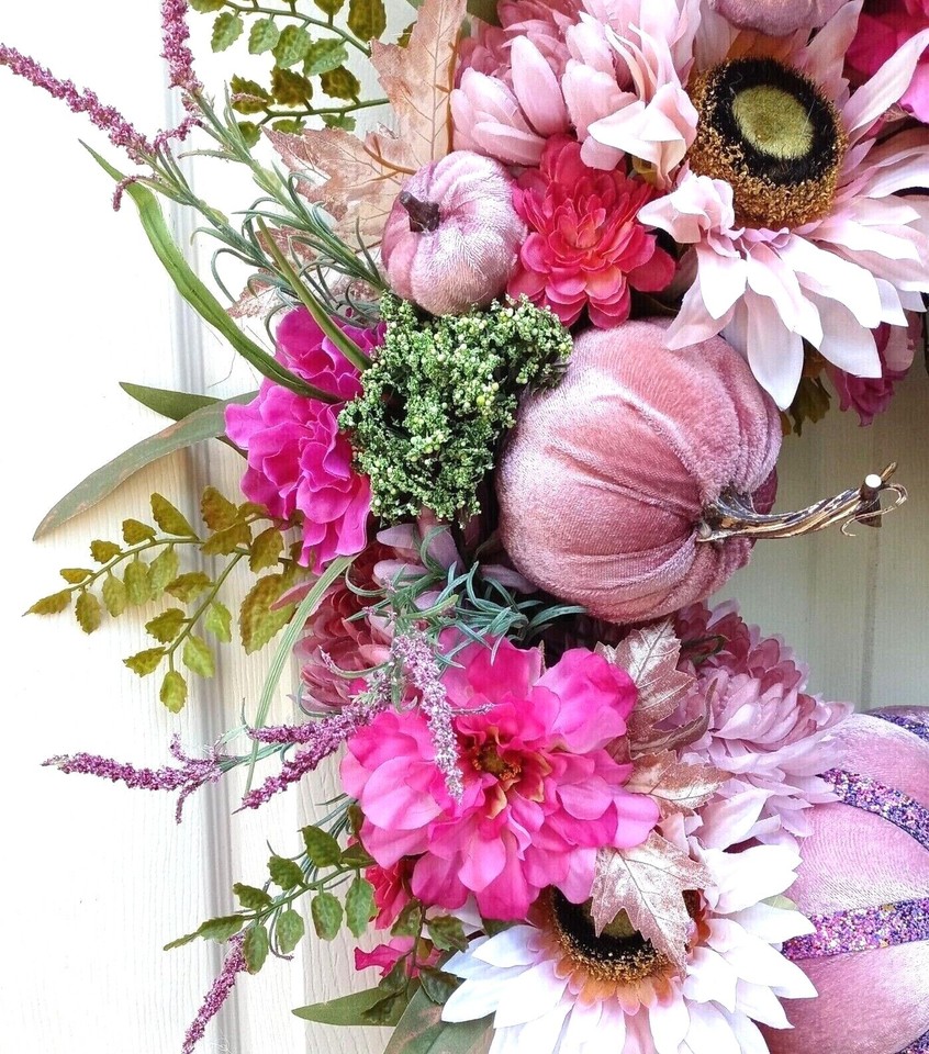 Fall Wreath Pink Autumn Wreath Elegant Sunflower Velvet Pumpkin Door ...