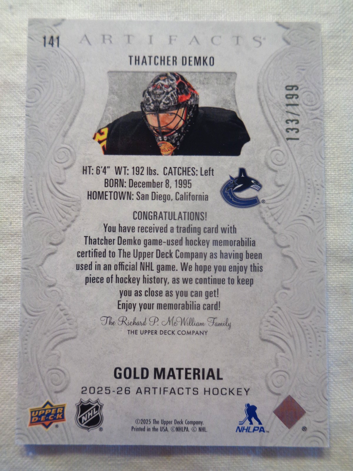 Thatcher Demko Vancouver Canucks Gold Material /199 2025-26 Upper Deck ...