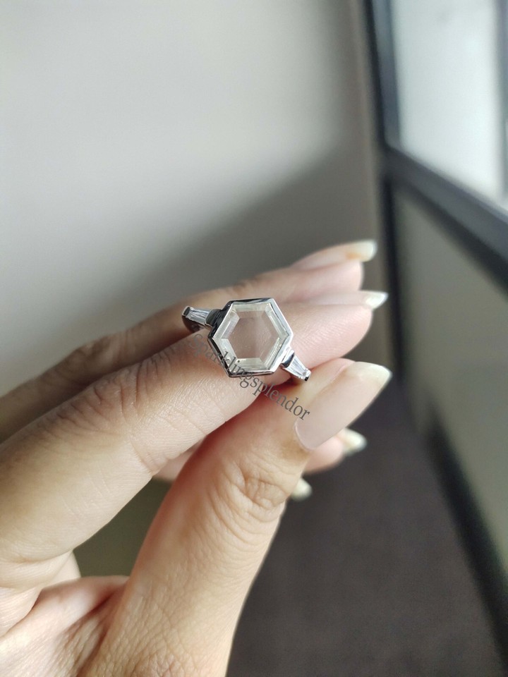 Hexagon Shape Portrait Cut Moissanite Engagement Ring Bezel Set 3 Stone ...