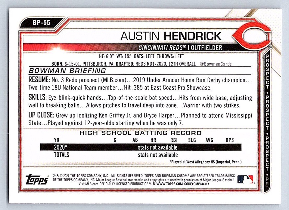 Austin Hendrick Cincinnati Reds 2021 Bowman #BP-55 | eBay