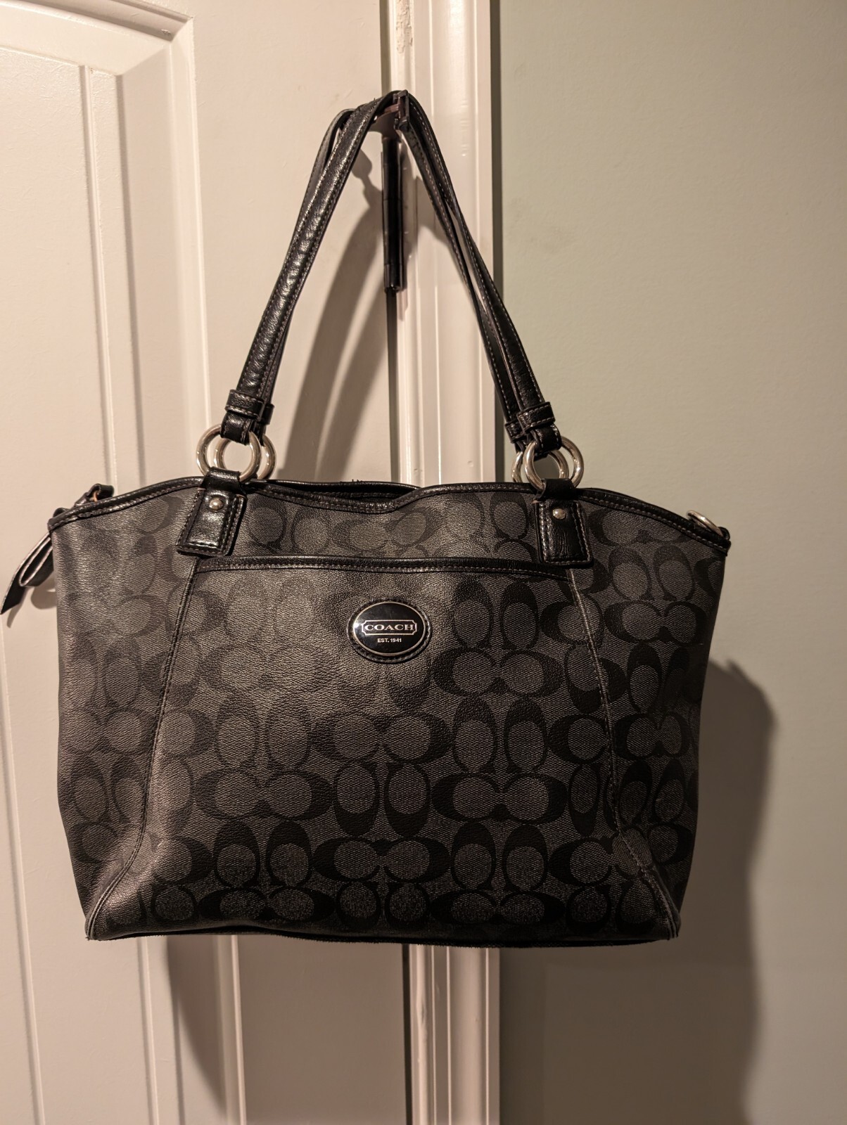 Coach Black/Grey Coated Canvas Signature Logo Peyton … - Gem