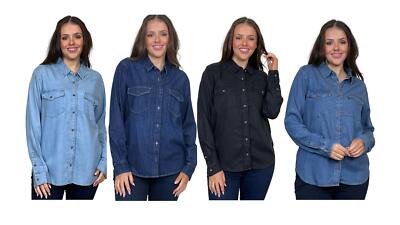 Ladies Casual Button Up 100% Cotton Long Sleeve Blue Denim Shirt | eBay UK