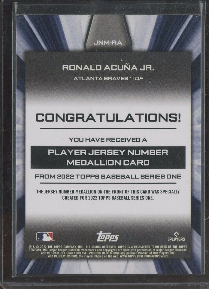 2022 Topps Series One Ronald Acuna Jr. Player Jersey Number Medallion ...