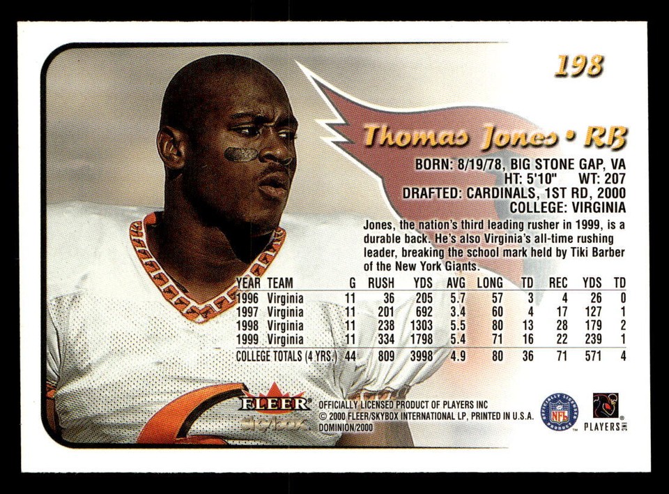 Thomas Jones 2000 Skybox Dominion Rookie Card #198 Virginia Cavaliers ...