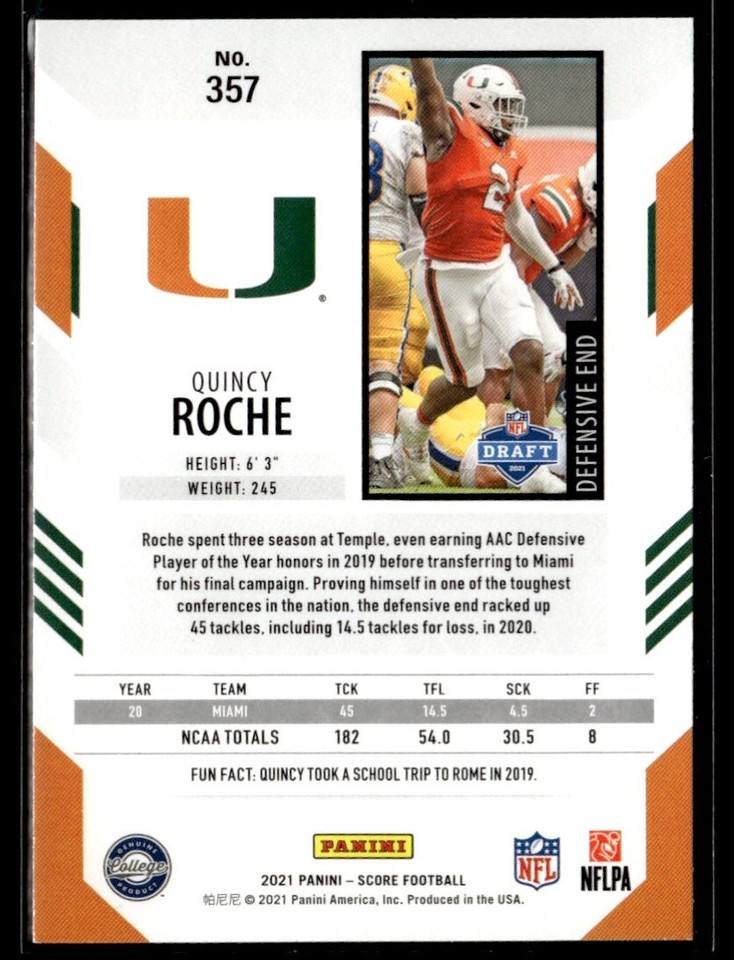 2021 Score #357 Quincy Roche Rookie Miami Hurricanes | eBay