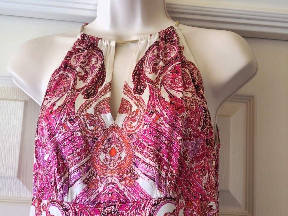 CACHE HALTER TOP PAISLEY RED PINK SILK GOLD METAL BAR TRIM KEYHOLE XS ...