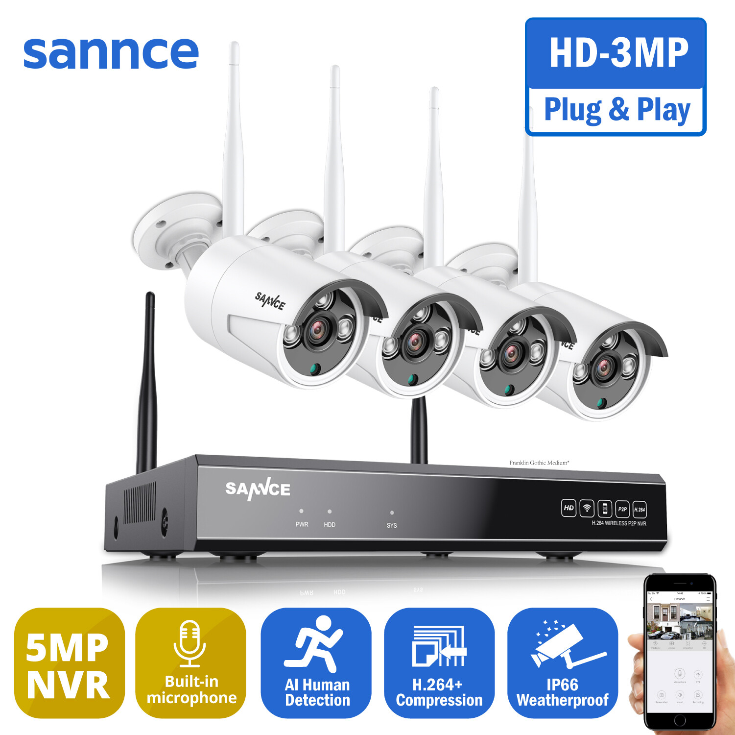 SANNCE 3MP Wireless CCTV Camera System 8CH 5MP NVR Home WiFi Audio Mic ...