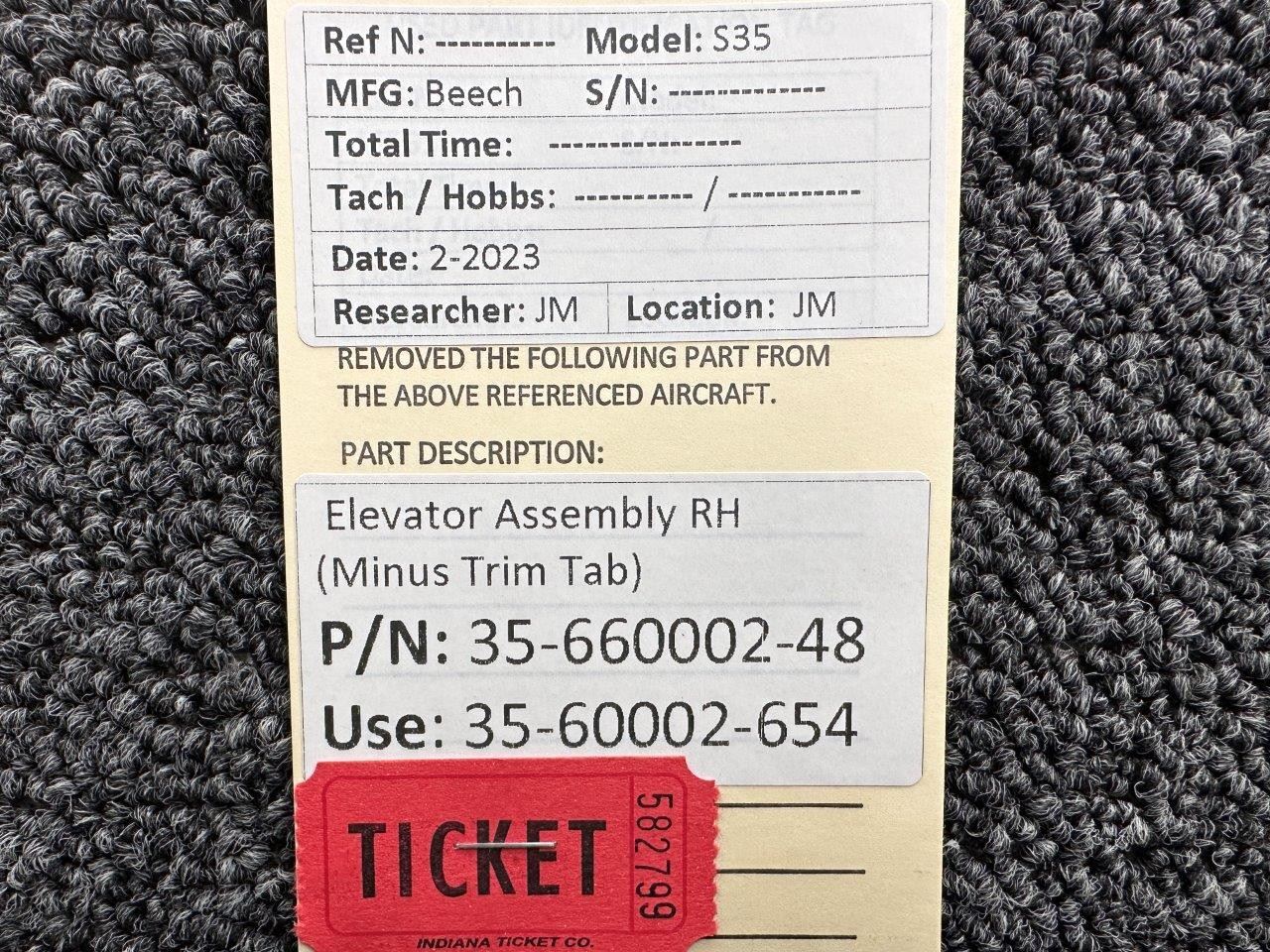 35-660002-48 (Use: 35-660002-654) Beechcraft S35 Ruddervator Assy RH ...