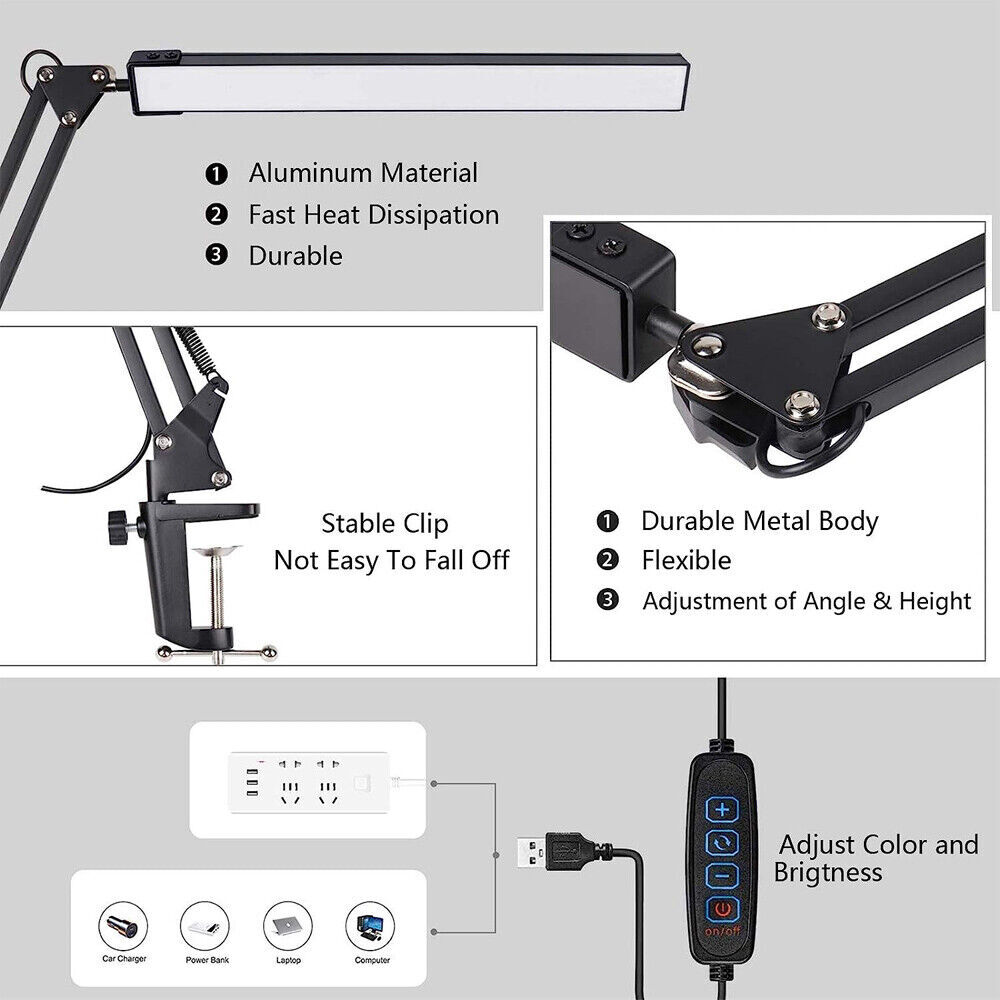 LED Clamp Lamp Clip On Light Desk Swing Arm Dimmable Work bench Light ...