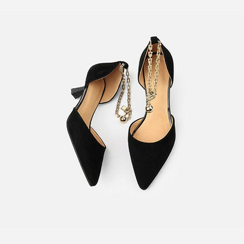 Women's Pointed Toe Kitten Elegant Fake Suede Sandals Metal Chain Black ...