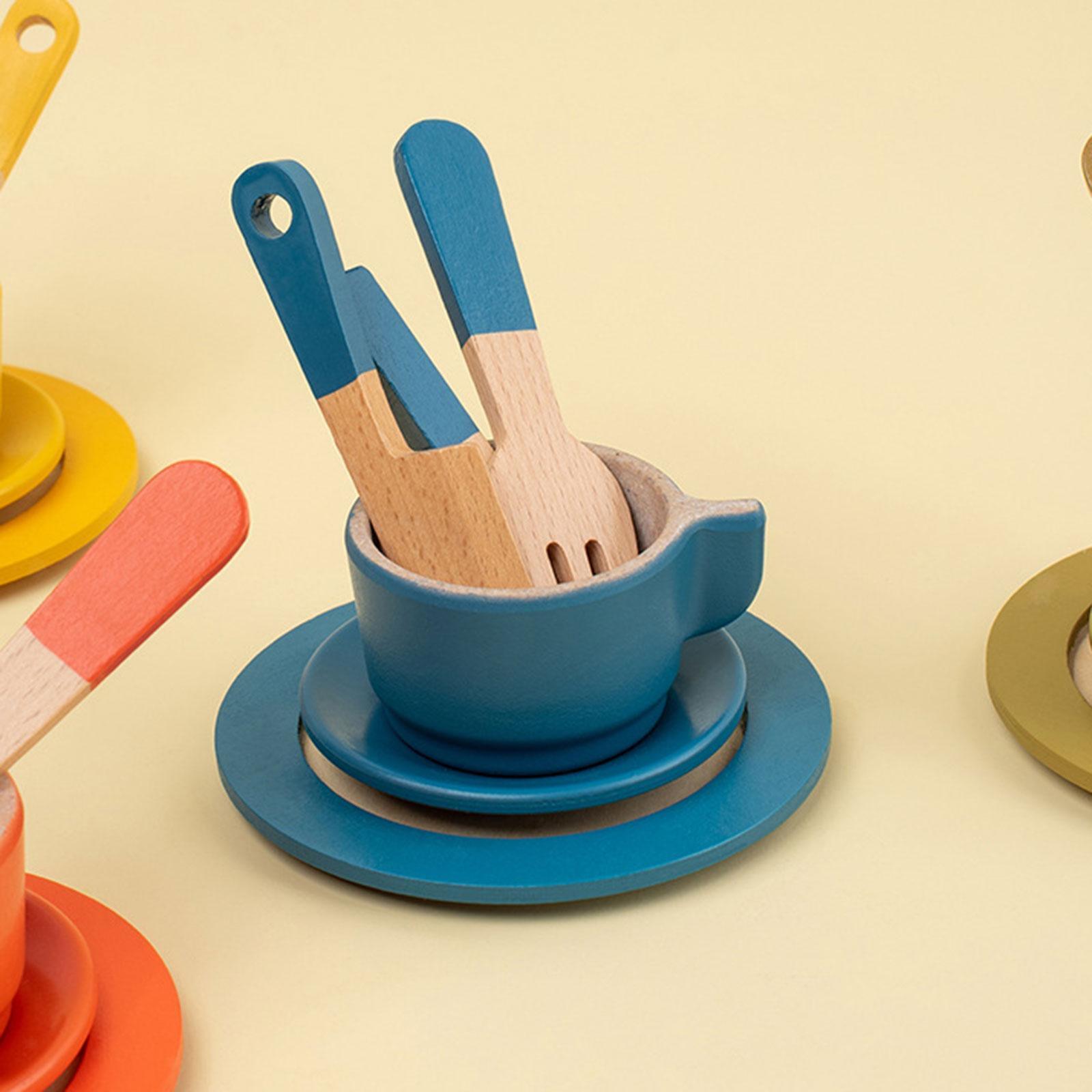 Wooden Toy Plates Dishes Color Matching Forks Pretend Play Playset for ...